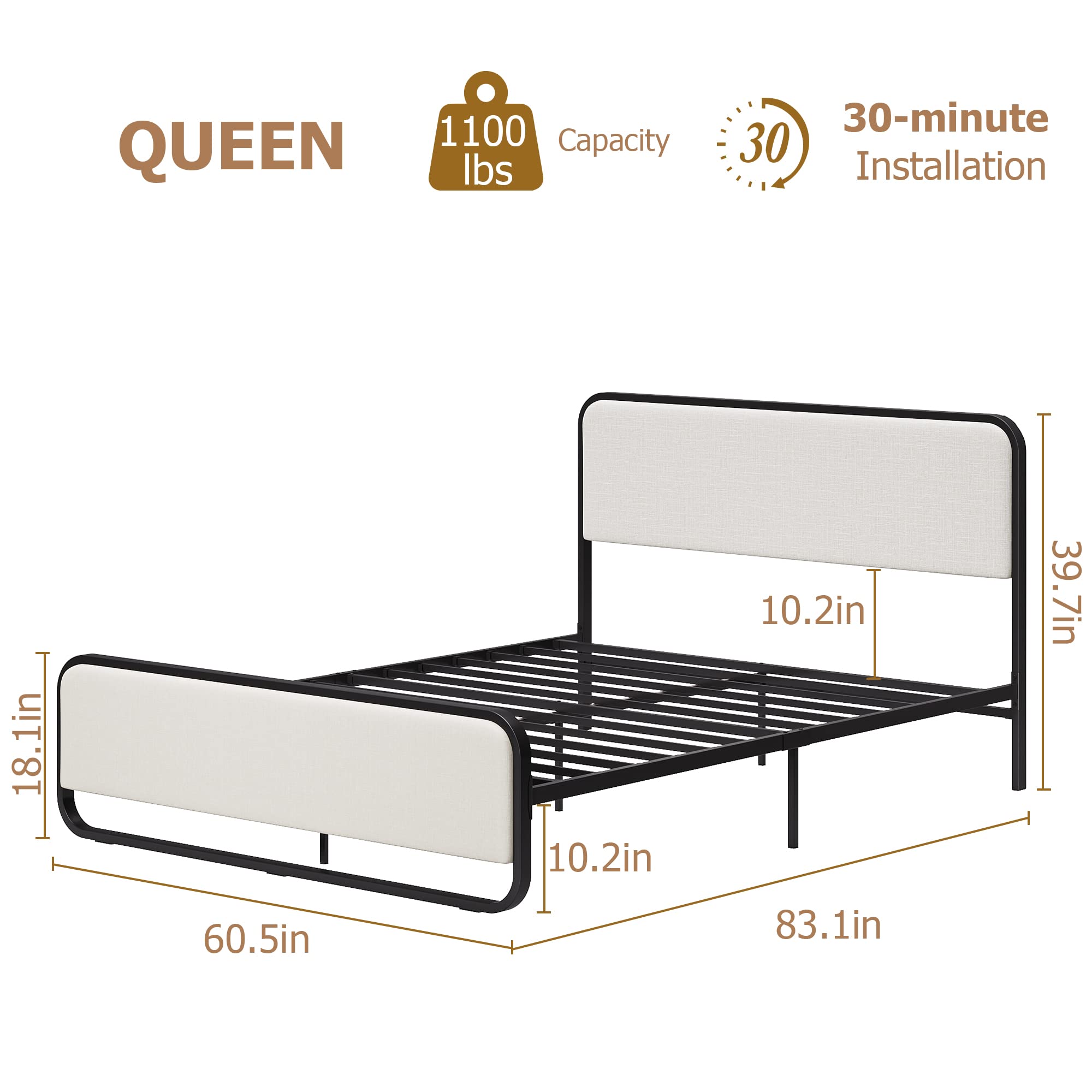Homhougo Queen Size Bed Frame with Upholstered Headboard and Footboard,10.3'' Underbed Space, Curved Design, Strong Slats Support, Box Spring Optional, Beige