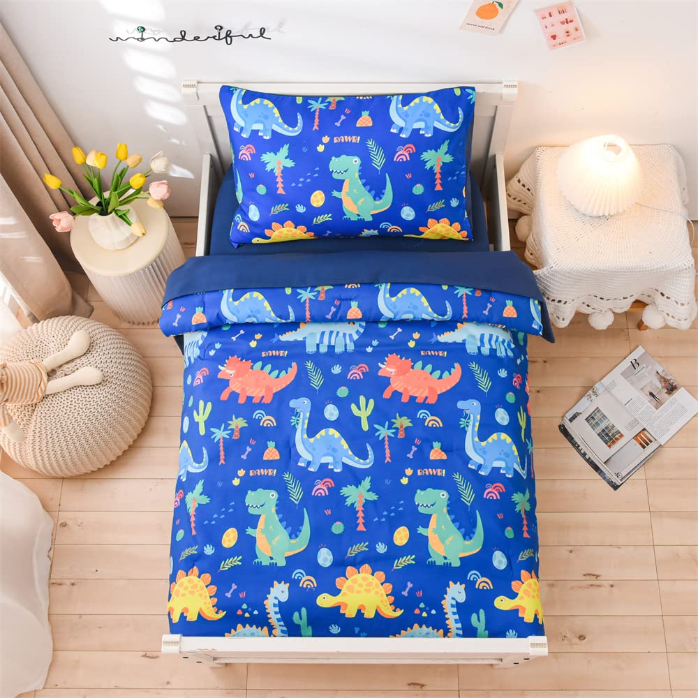 Holawakaka 4 PCS Boys Dinosaur Toddler Bedding Set, Colorful Dinosaurs Printed on Navy Blue, includes Quilted Comforter, Fitted Sheet, Flat Sheet, and Pillow Case for Kids