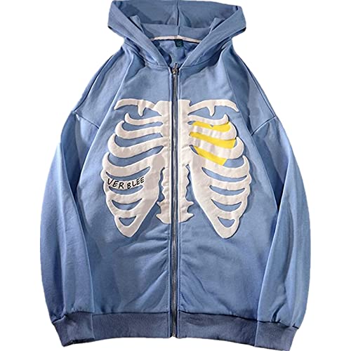 Lausiuoe Y2K Hoodie Full Zip Up Women Zip Up Hoodie Y2k Vintage Graphic Oversized Hooded Sweatshirt Jacket Grunge Fairycore Coats Harajuku Streetwear Blue