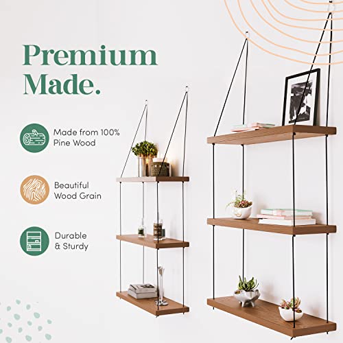 OMYSA Hanging Shelves - 3 Tier Wall Shelf - Cute Boho Room Decor for Bedroom, Bathroom, Living Room - Floating Wood Small Bookshelves - Window, Macrame - Brown