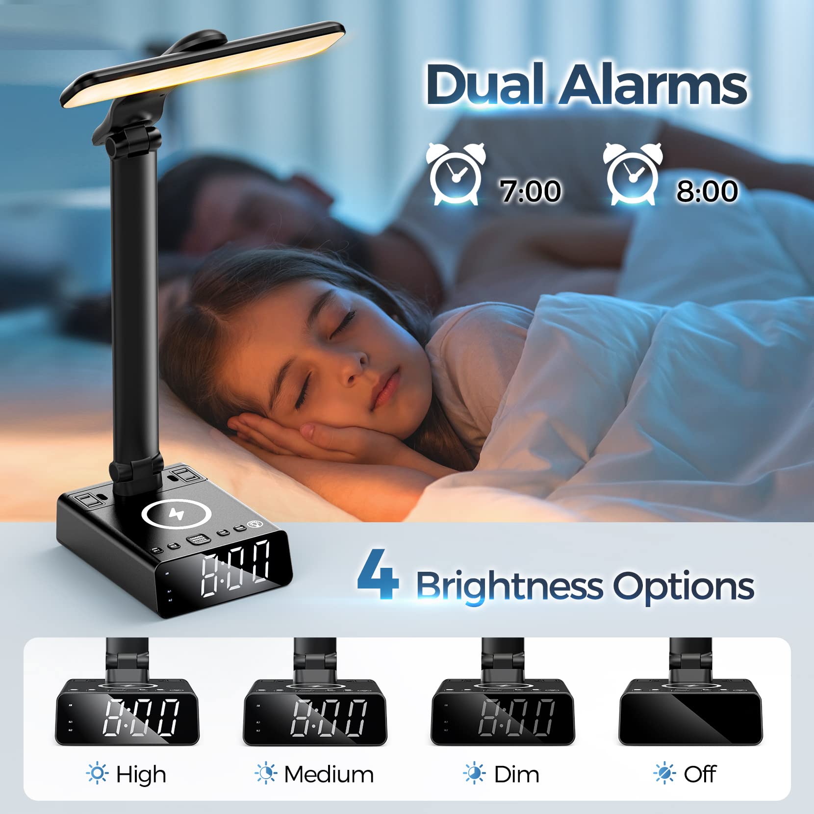 Docusvect LED Desk Lamp with 2 USB Charging Ports and 2 AC Outlets, 3 Lighting Modes ร Stepless Dimming LED Desk Lamp with 15W Wireless Charger, Digital Alarm Clock for Home Office & College Dorm Room