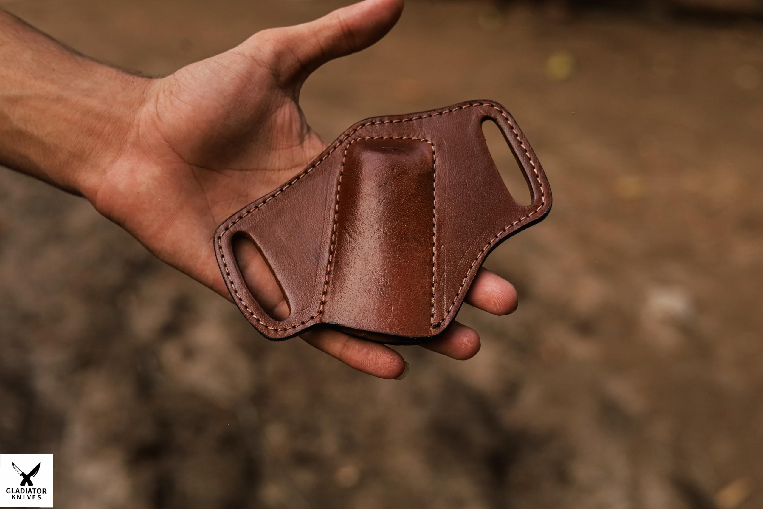 Handmade Leather Sheath for Pocket Knives, Slanted Pancake/Tooled/Belt/Trapper Style, TAN, 100% Real Leather (Brown)