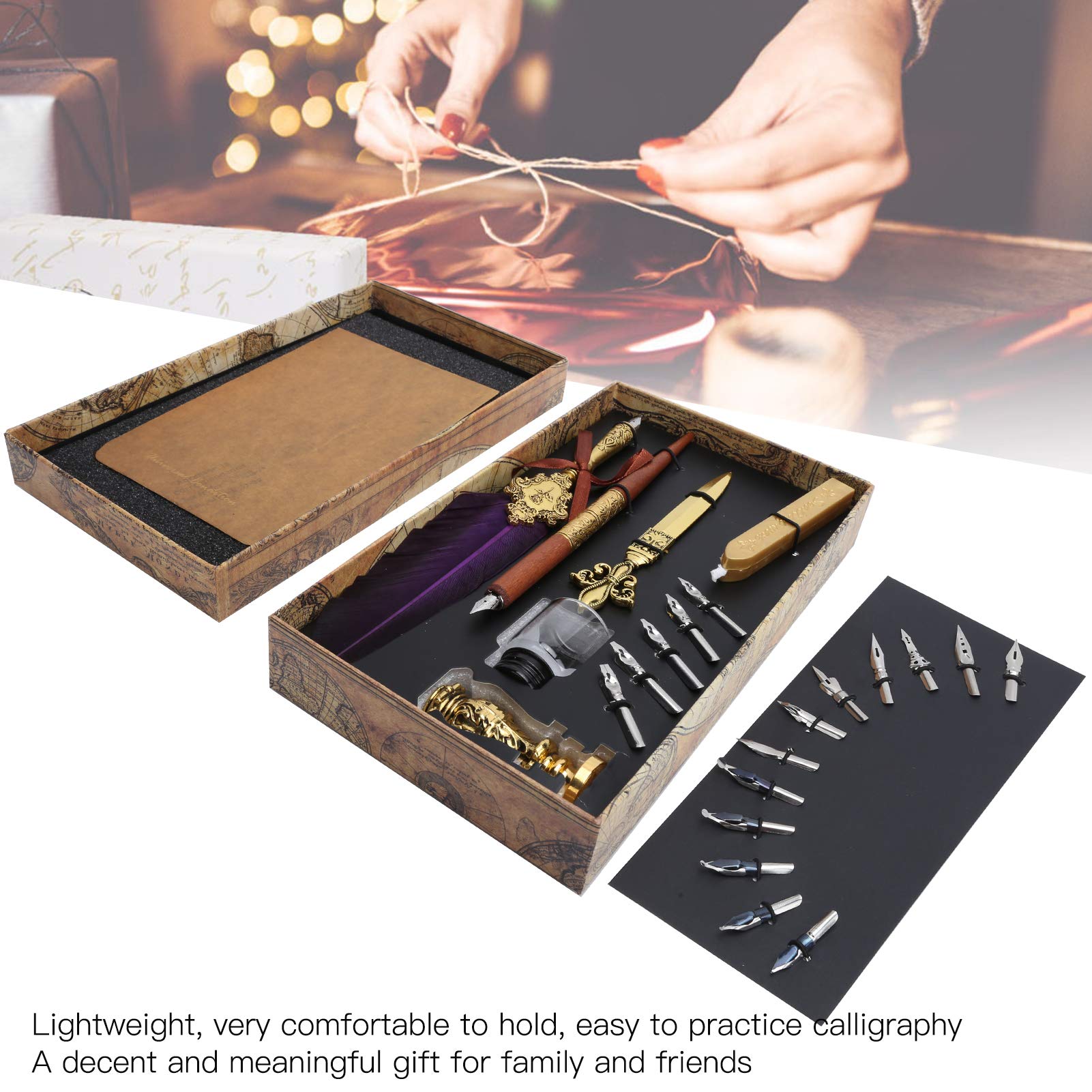Feather Pen Set,Calligraphy Writing Drawing Quill Dip Kit Vintage Art Craft Collection Writing Paper Calligraphy Pen Ink Set(Purple)