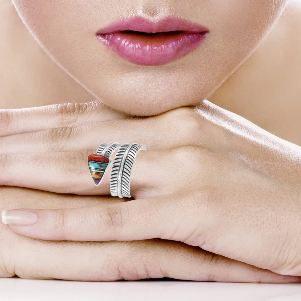 Feather Turquoise Ring Sterling Silver 925 Genuine Gemstones Size 6 to 11 (Multi-Gems) (7)