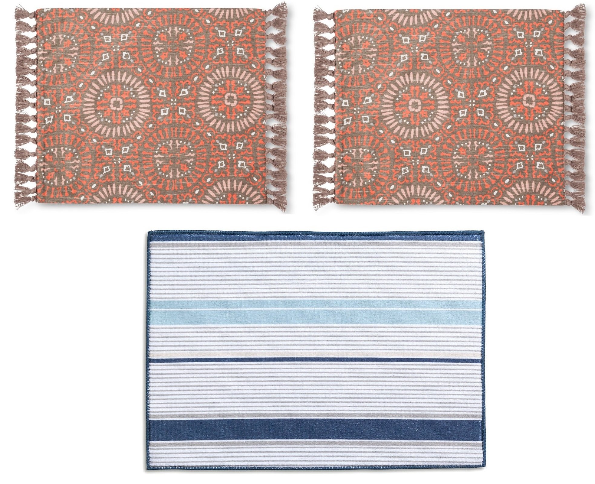Threshold Set of 2 Native Pattern Placemats with Knotted Fringe and One Dish Mat