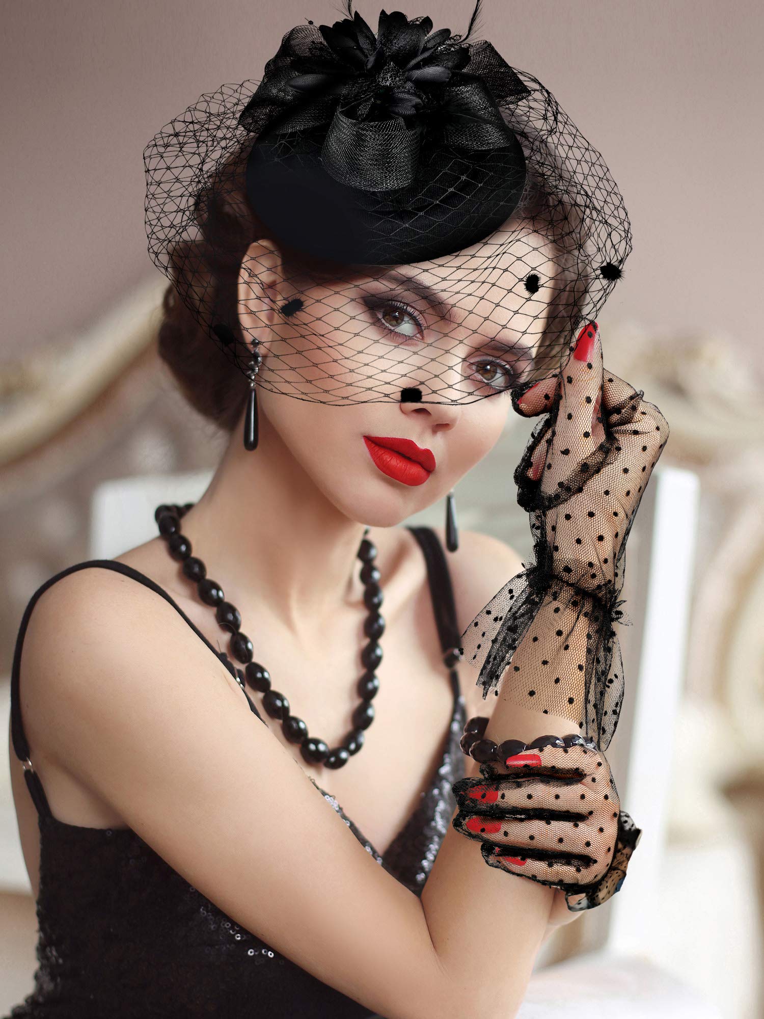Feather Veil Mesh Hat Lace Short Glove 50s Costume Accessories for Women Wedding