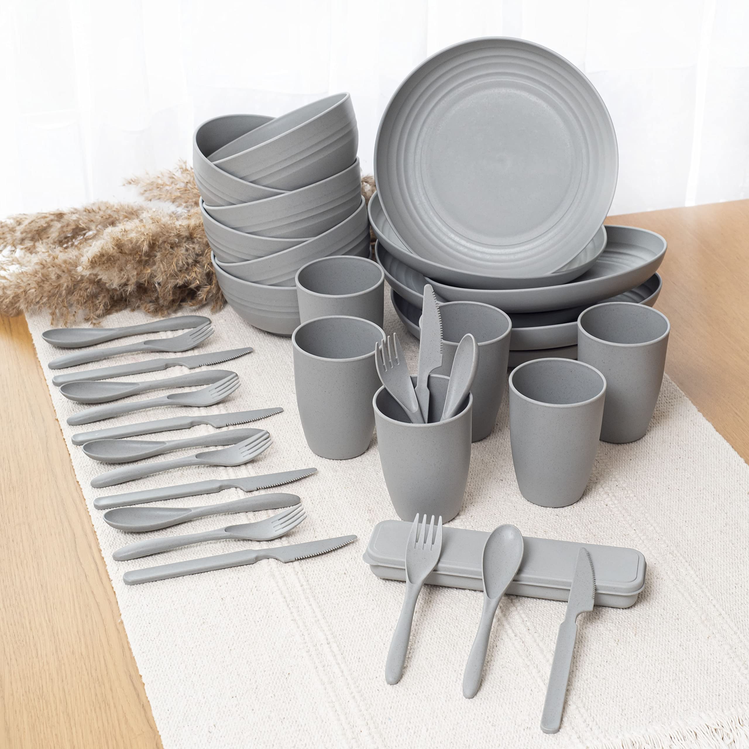 FOODLE Wheat Straw Dinnerware Sets for 6 - Lightweight & Unbreakable - Microwave & Dishwasher Safe - Perfect for Picnic, Dorm, RV Dishes - Camping Plates Cups and Bowls Set - Great for Kids & Adults
