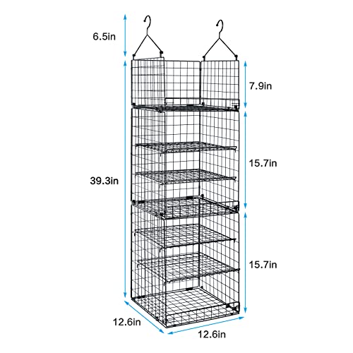 Yuyetuyo 7-Shelf Adjustable Hanging Closet Organizer, Wall Mount Clothes Shelves with 6 Adjustable Dividers for Socks Clothing Sweaters Shoes Handbags,Black