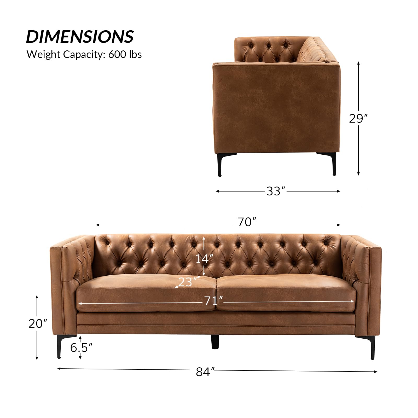 HULALA HOME 84" W Suede Faux Leather Sofa Couch with Metal Legs, Button-Tufted 3-Seater Sofa, Mid Century Modern Contemporary Upholstered Couch for Living Room, Entertainment Area, Apartment,Camel