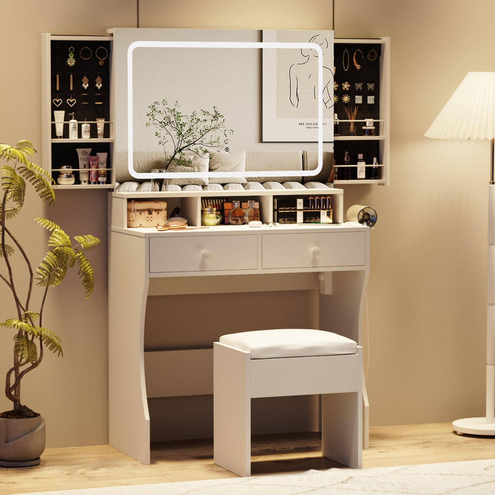 Makeup Desk with Mirror and Lights, White Dressing with Charging Station & Chair, Vanity Desk with Sliding Jewelry Storage Shelves&3 Lighting Modes, Vanity with 2 Large Drawers,Vanity for Women&Girls