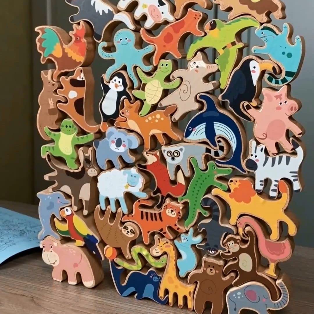Stacking Blocks 42 pcs Large Gift Set Wooden Balancing Game Funny Animals Building Blocks Wooden Kids Blocks in Gift Box Balance Toy Stack Game Holiday Birthday Gift Wooden Stacking Toy Funny Anim-42