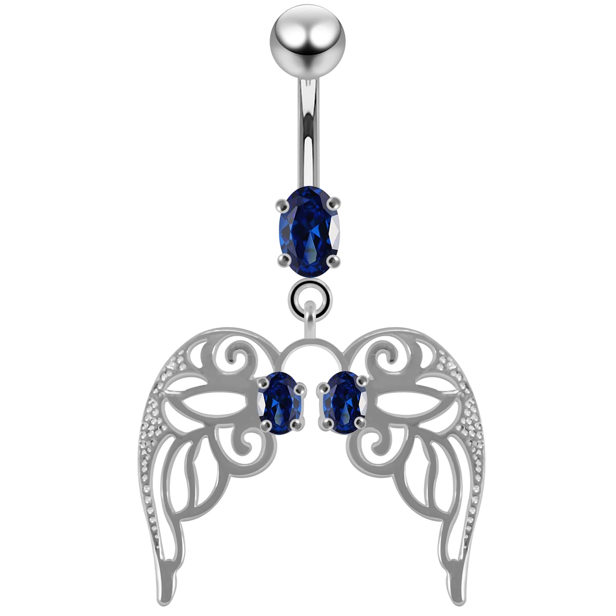 Dark Blue Gemstone Fancy Angel Wings with Floral Dangling Design 925 Sterling Silver with Stainless Steel Belly Button Navel Rings