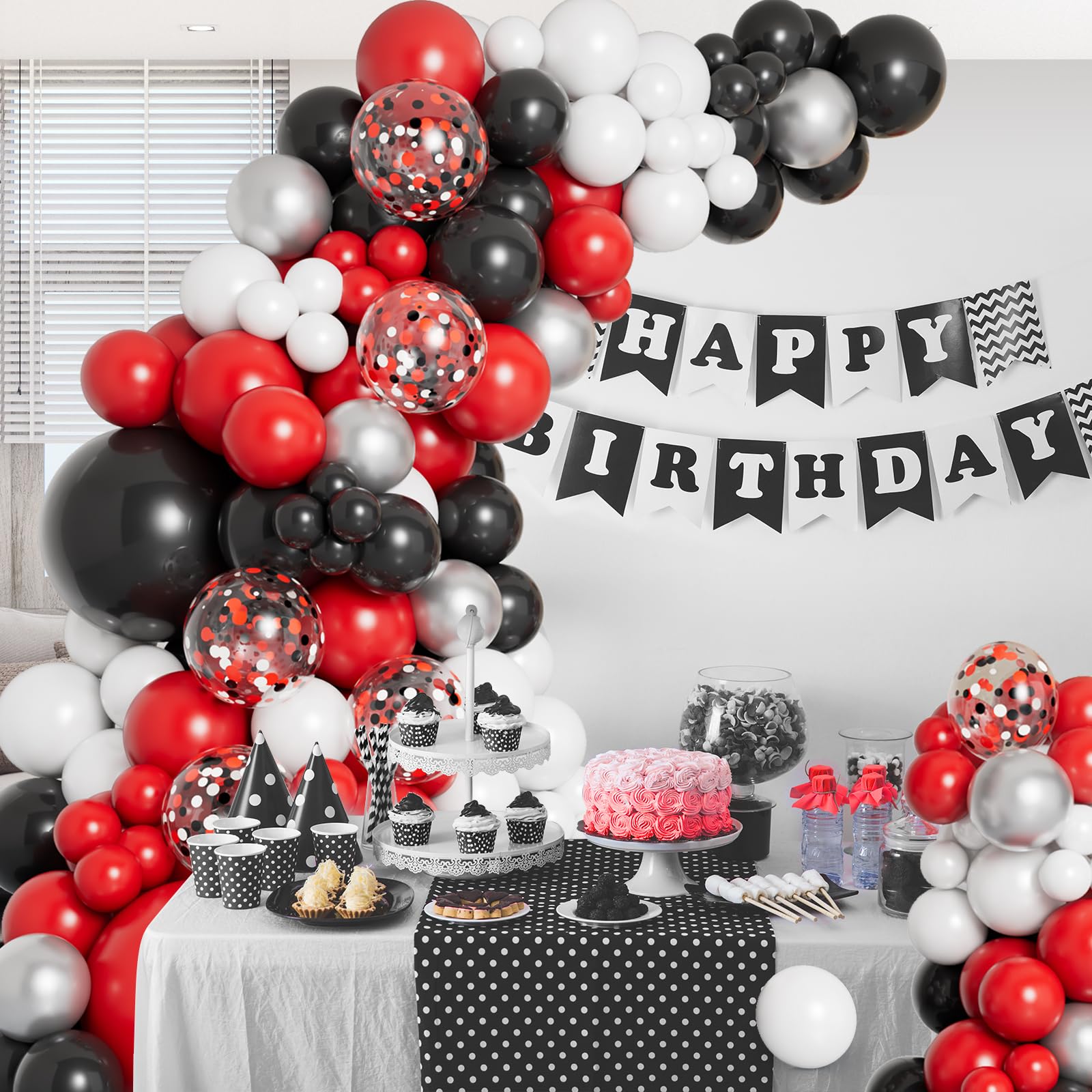 DBKL Red Black and White Balloon Garland Arch Kit with Different Size Red Black White Silver Confetti Balloons for Shower Birthday New Year Graduation Wedding Racing Car Poker Party Decorations