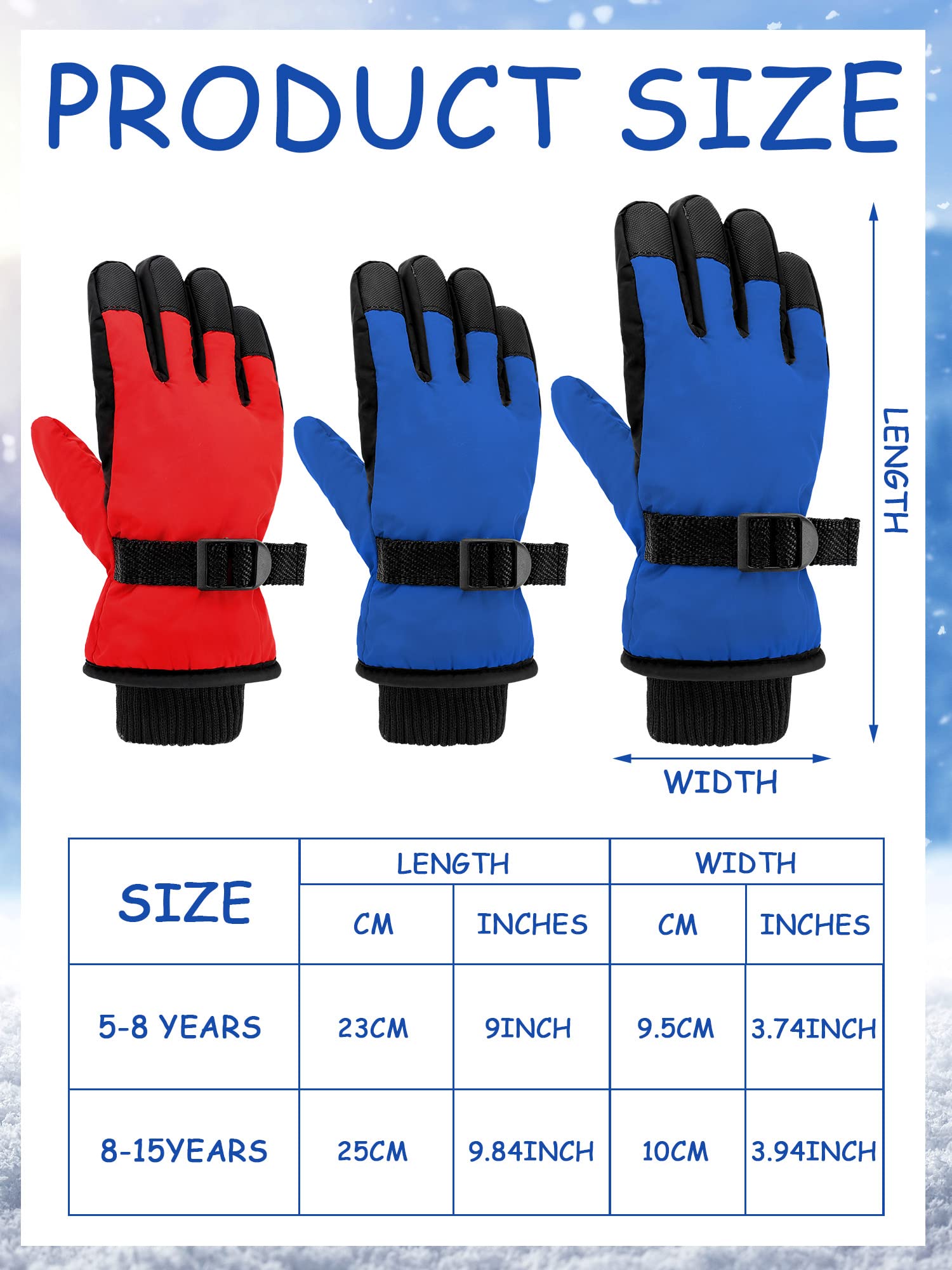 Eurzom 2 Pairs Kids Winter Gloves Waterproof Ski Gloves Windproof Warm Unisex Ski Gloves Warm Snow Gloves with Hook and Loop(Red, Blue, for 6-13 Years)