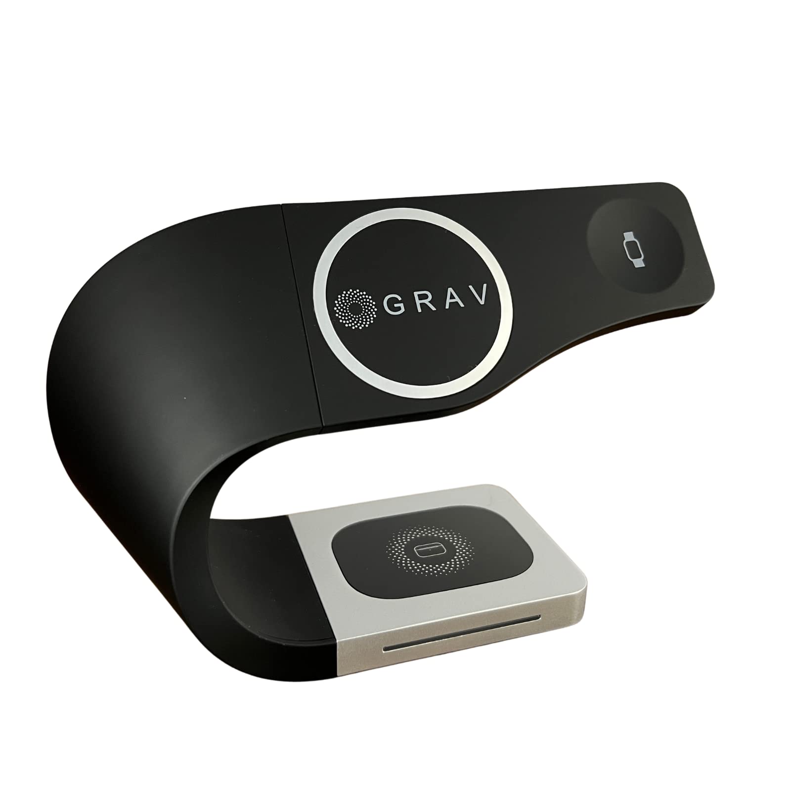 GRAV Wave Charge LFX-178; 3 in 1 Wireless Charging Station; Compatible with Apple iPhone, Apple Watch and Airpods; 15W MagSafe Charging Station; 18W Qualcomm 3.0 Quick Charge USB Adapter; (Black)