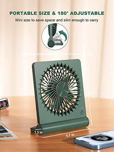 Tevelecin Small Desk Fan, 2000mAh Rechargeable USB Fan Battery Operated,Ultra Quiet, Strong Wind, 3 Speeds & about 4-12 Hours Longer Working, 180°Foldable Mini Desktop Fan for Home Office Travel Outdoor-Green