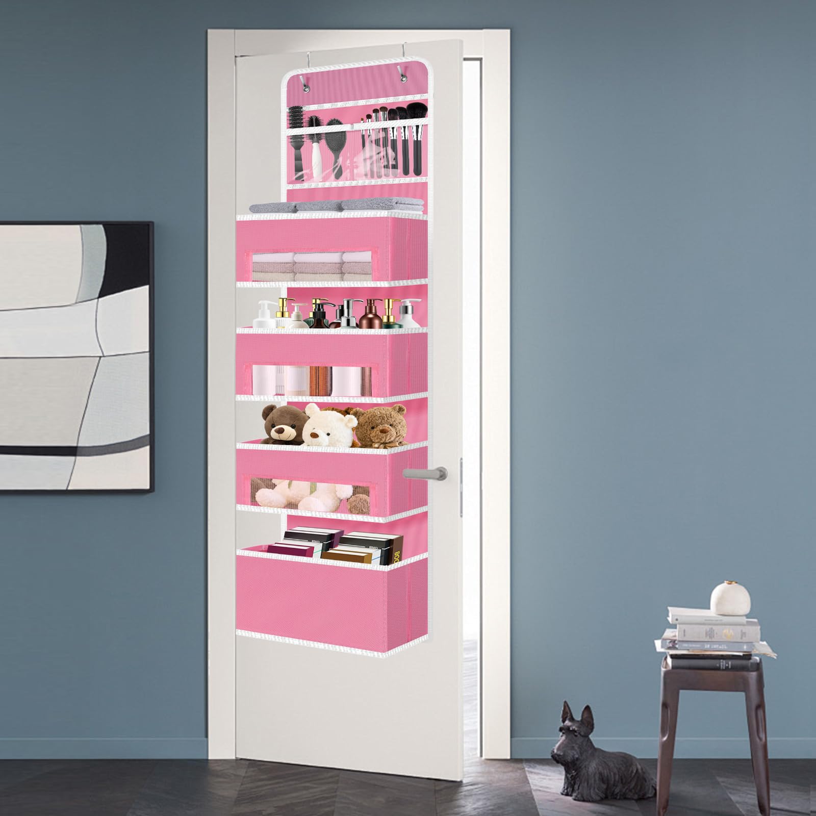 HAKACC Door Hanging Organizer Nursery Closet Cabinet Baby Storage,Upgrade Hanging Storage with Clear Window with 4 Large Pockets and 2 Small PVC Pockets for Cosmetics,Toys and Sundries,Pink