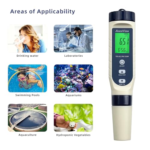 JiocoVino Digital pH/TDS Meter for Water Quality, 4 in 1 Waterproof Water Tester with Backlit Measurement 1-9990ppm for Drinking Swimming Pool Hydroponic Aquarium (Ivory White)