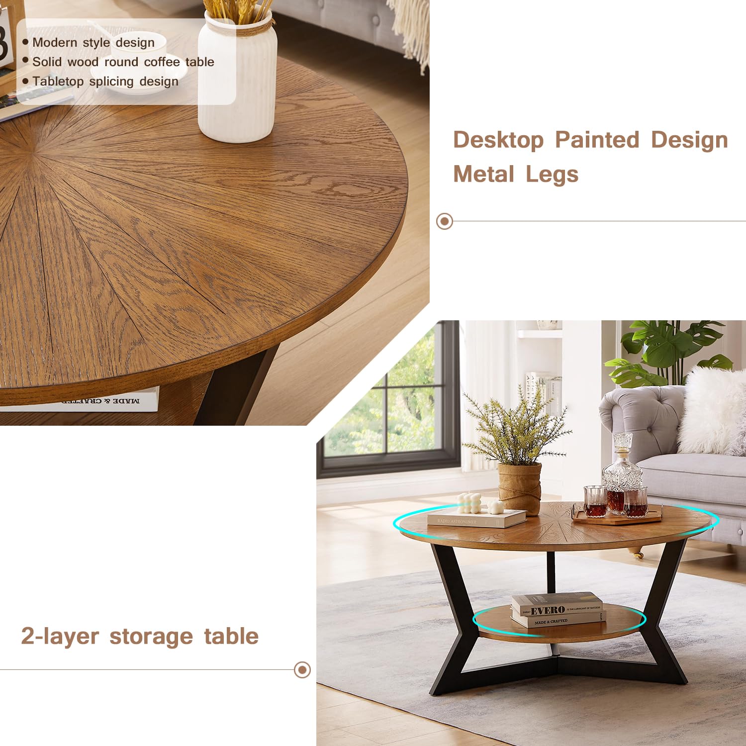 Gravilithic Round Wood Coffee Table for Living Room, 2-Tier Rustic Circle Coffee Table with Storage, Solid Natural Coffee Table with Metal Legs, Radial Pattern 35โx 17โ