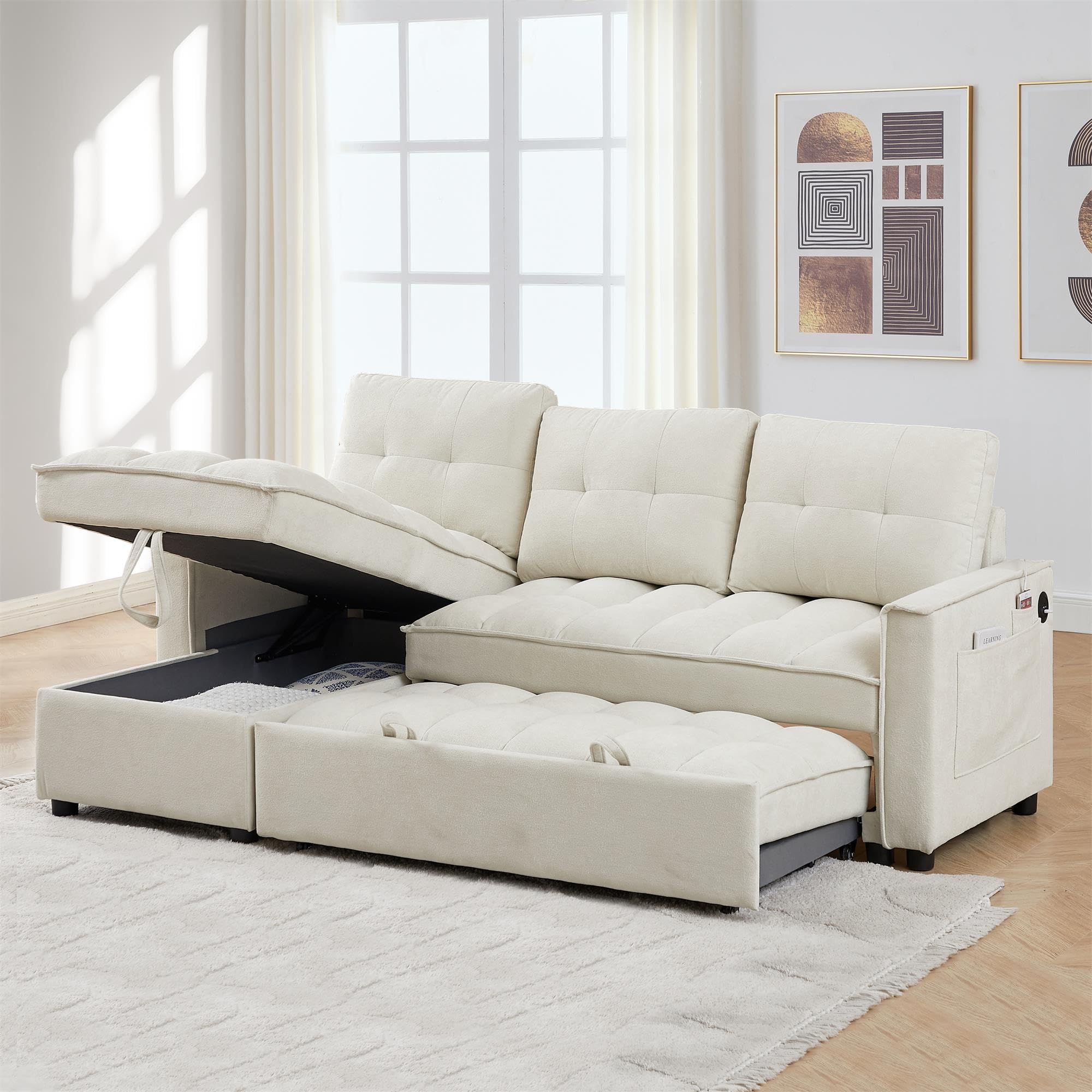 HUMEHA Linen Reversible Sleeper Sectional Sofa, L-Shaped Sofa Bed Pull Out Sleeper 3-Seater Couch with Storage Chaise, Convertible Sectional Sofa Couch for Living Room Apartment, Beige