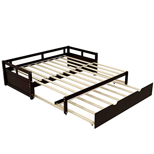 Merax Modern Wood Daybed with Pop Up Trundle Twin to King Triple Sofa Bed Frame for Kids Teens Adults/No Box Spring Needed Espresso