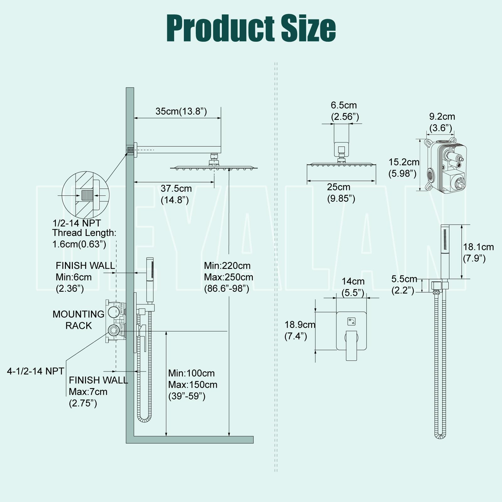 Heyalan Shower System Square Rain Shower System Head Shower Faucet Fixture 2 in 1 Handheld Shower Sprayer Rough in Valve Wall Mount Bathroom Rainfall Combo Set High Pressure,10 Inch,Polished Chrome