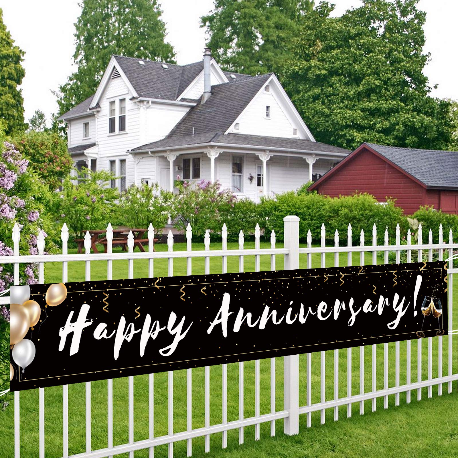 TZSS Happy Anniversary Decorations, Black Happy Anniversary Banner Yard Signs, Wedding Anniversary Decorations for Party(118" X 20")