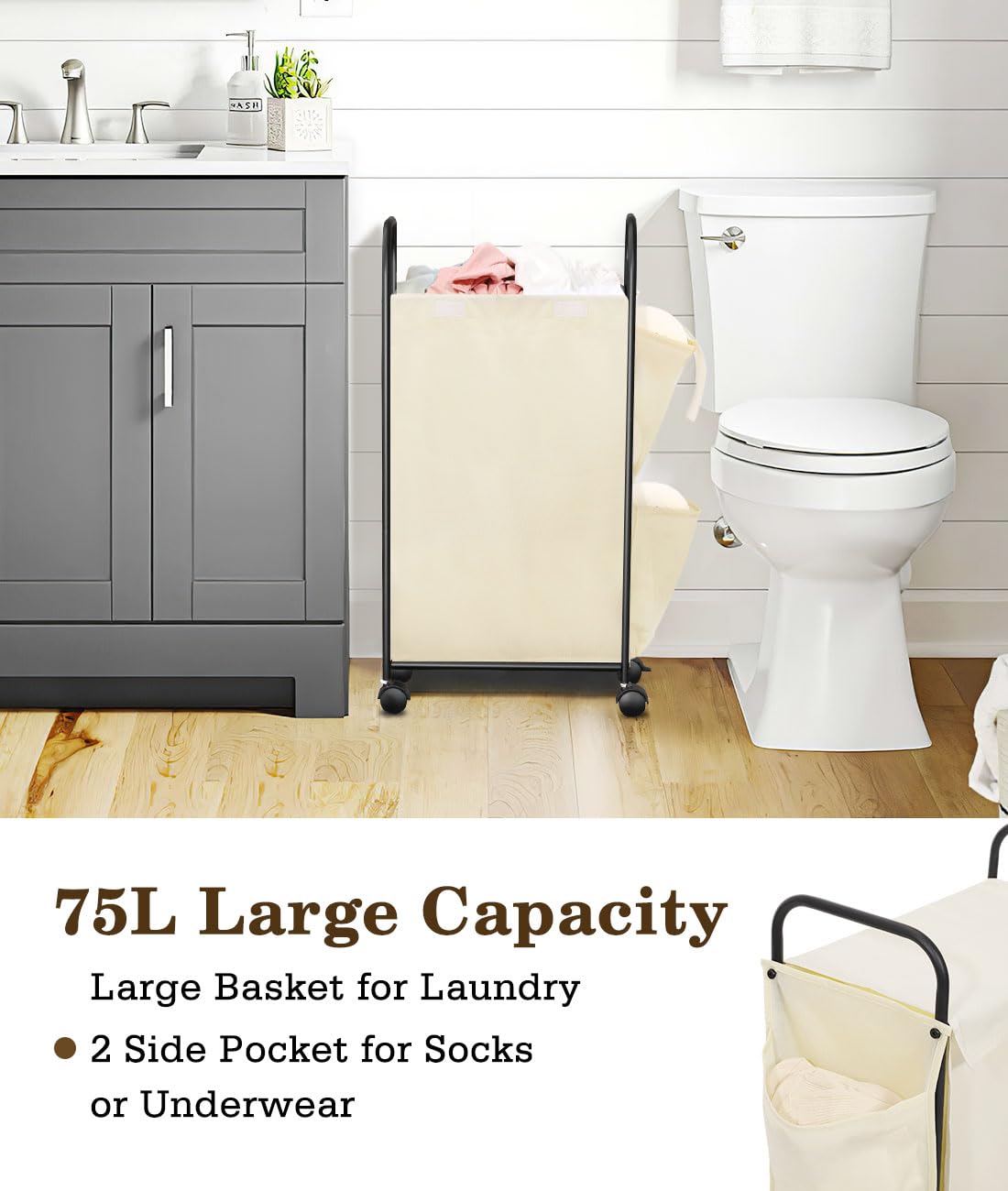 Luxspire 75L Slim Laundry Hamper with Wheels, Rolling Laundry Basket with Lid, Removable Clothes Hamper with Metal Frame, Narrow Laundry Hamper for Dorm, Bedroom, Nursery, Closet, Small, Beige