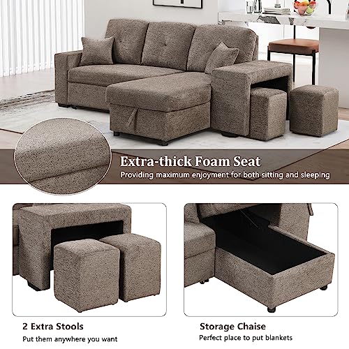 Reversible Sleeper Sectional Sofa Bed with Side Shelf and 2 Stools,Pull Out Couch Bed with Left/Right Hande, L-Shaped 3-Seater Couch for Living Room Apartment(Knox Charcoal)