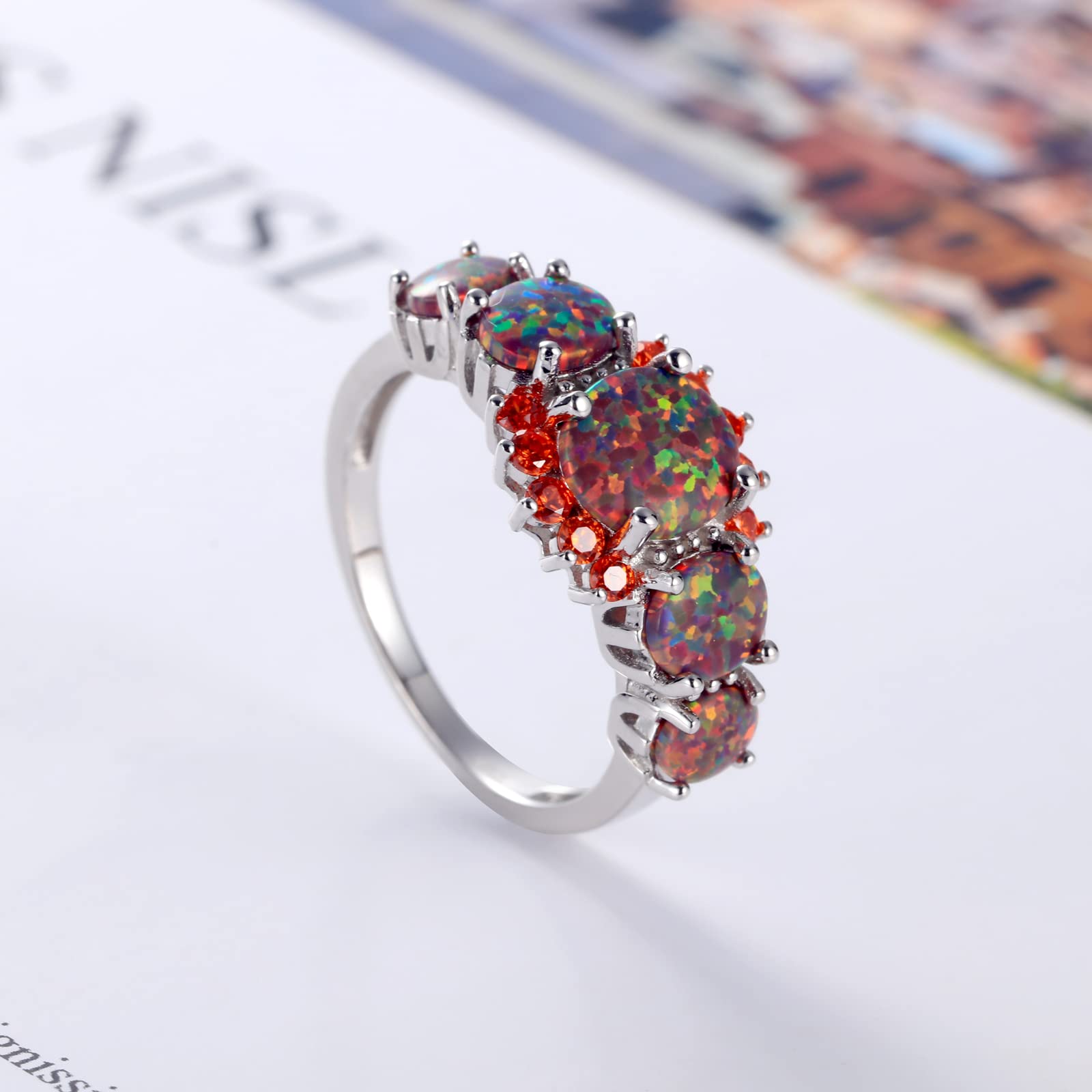 FEELDAN White Gold Plated Sterling Silver Cubic Zirconia & Fire Opal Prong Setting Birthstone Rings