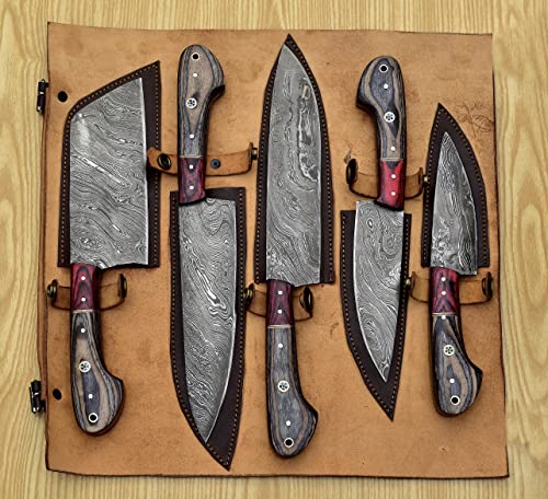 Hand Forged Chef Knives Kitchen Set Damascus Steel Knives Handmade Knife Set,Professional Chef Knives Set Vegetable Meat Cooking Knife Tools Accessories with Beige Solid Wood Handle,5 Pieces Set Knife