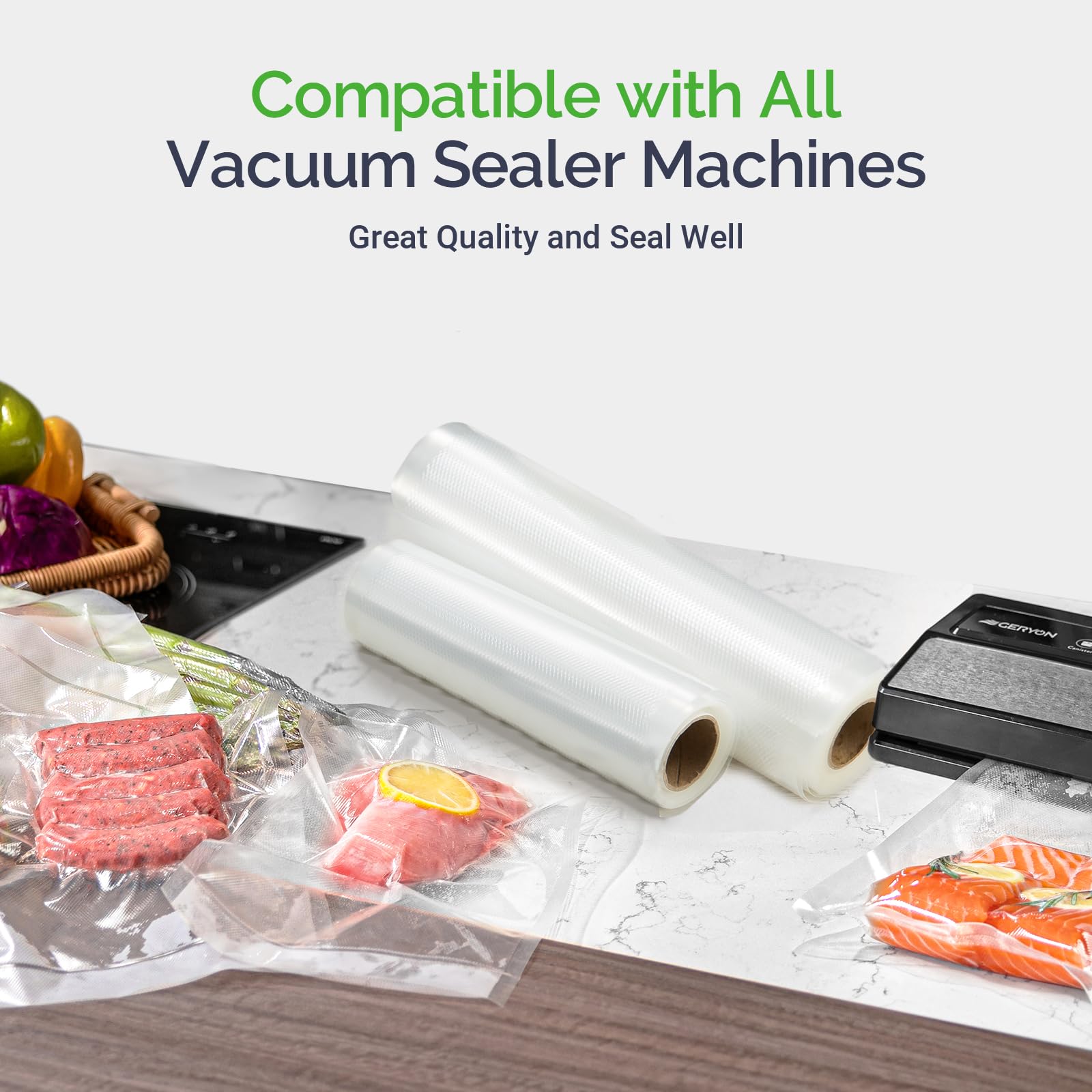GERYON Vacuum Sealer Silver, 2Pack 8x50ft and11x50ft Food Sealer Vacuum Sealer Bags Rolls