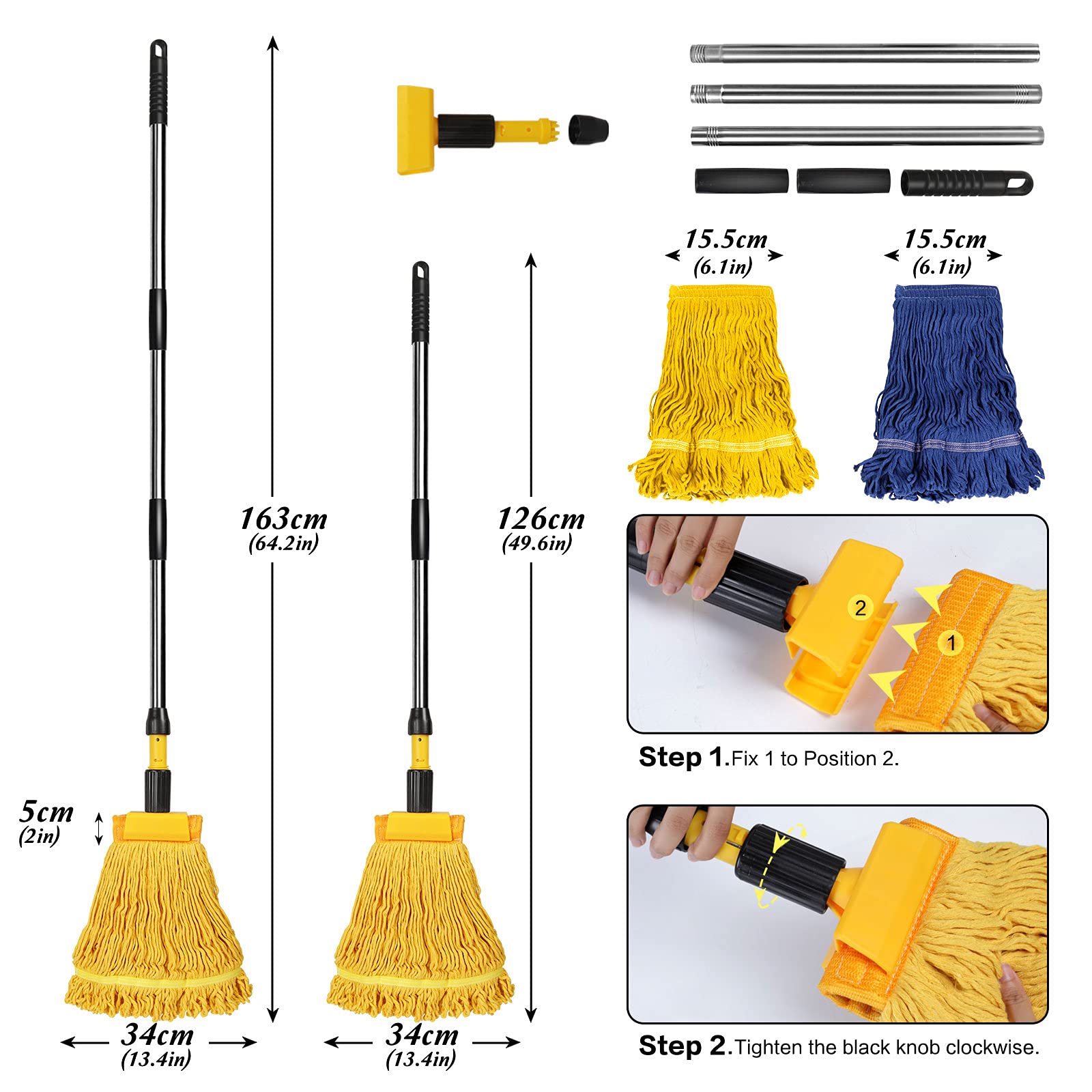 Masthome Small Mop Bucket with Wringer Set, 5 Microfiber Mop Refills & Industrial Grade Heavy Duty Floor Mop, 55'' Stainless Steel Pole Jaw Clamp for Floor Cleaning (Total 2 Pcs String Mop Heads)