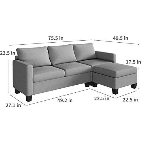 GUNJI Sectional Sofa Couch for Living Room Modern Convertible L-Shaped Couch with Reversible Chaise Fabric 3-Seat Sectional Couch for Small Spaces (Light Gray)