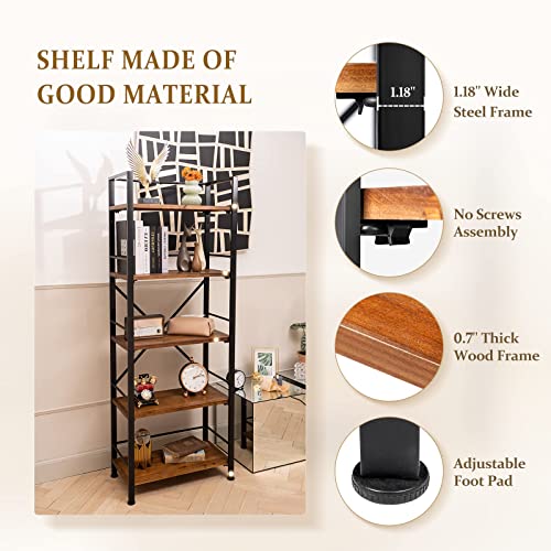 Crofy Rustic Bookshelf, 5 Tier Real Wood Bookshelf, Metal Book Shelf for Storage, Black Bookcase, 12.6" D x 23.62" W x 64.17" H