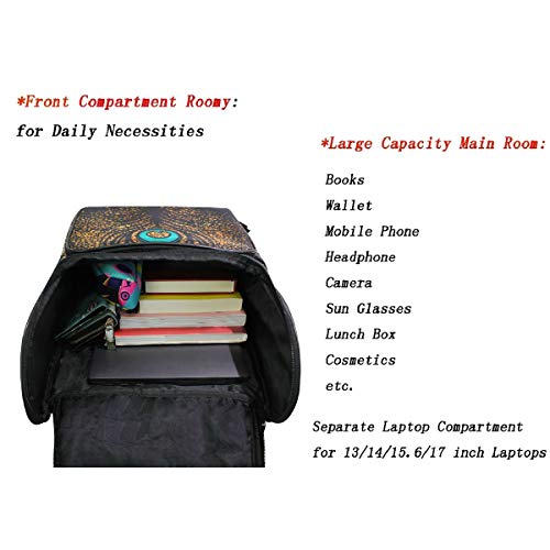 Naanle Stylish Beautiful Peacock Feather Gold Sparkling Pattern Casual Daypack College Students Multipurpose Backpack Large Travel Hiking Bags Computer Bag for Men Women