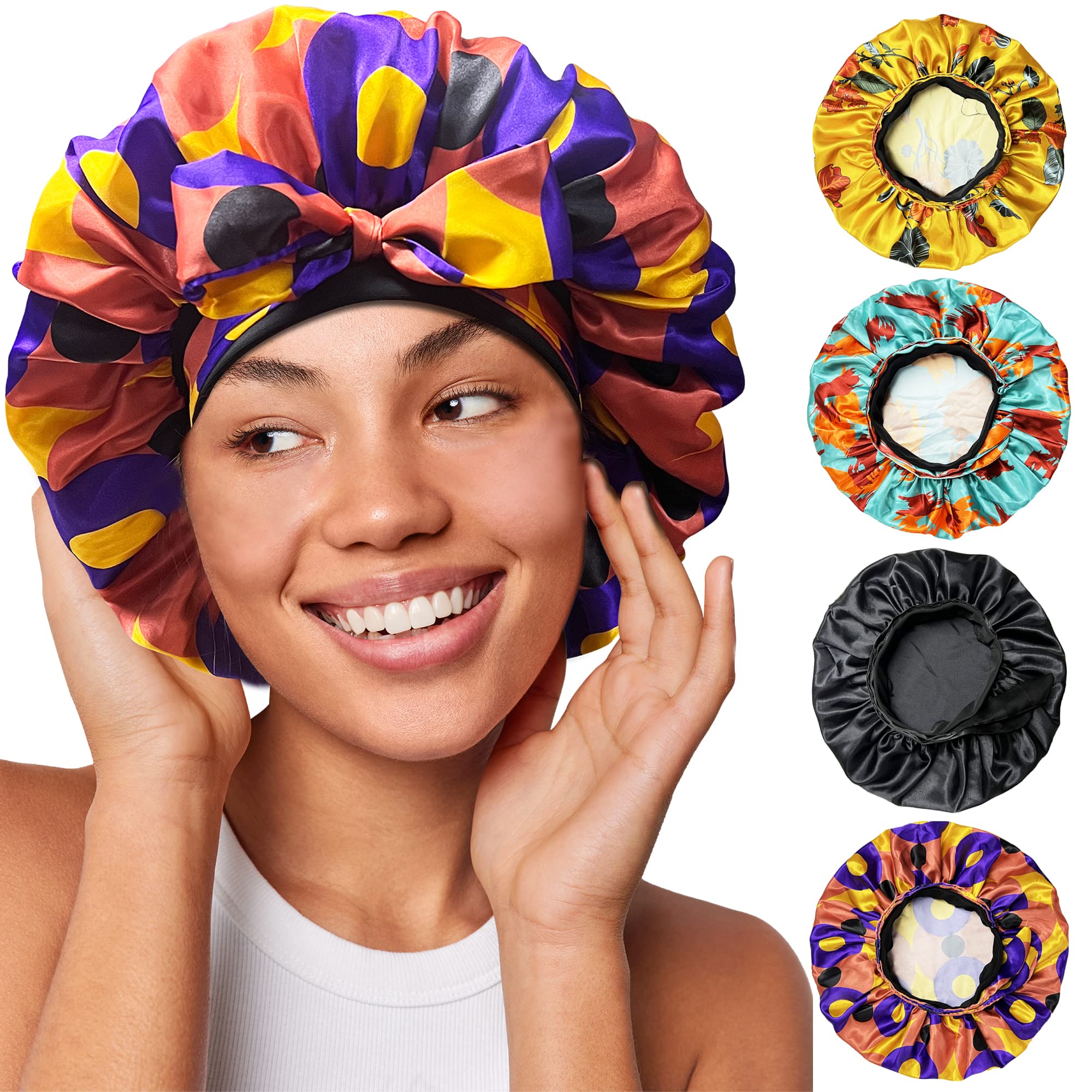 HOME SHARON Silk Bonnet for Sleeping, 4 Pieces Satin Bonnet Hair Wrap Cap Bonnet for Curly Hair,Satin Bonnet for Sleeping, Bonnets Black Women