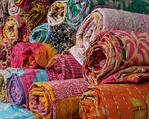 THRIVING Vintage Kantha Quilts Cotton Bed Cover Throw Old Sari Assorted Patches Made Blanket Handmade Throw Reversible Cotton Blankets 1 Quilt Assorted Color
