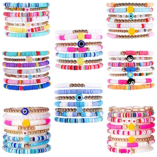 Svovin 58 Pcs Preppy Heishi Bracelets Set Colorful White Gold Heart Star Evil Eye Beaded Polymer Clay Pearl Stackable Charm Y2K Kidcore Summer Beach Bohemian Layering Bracelets Jewelry for Women