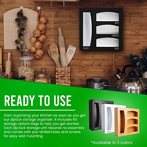 Ziplock Bag Organizer, Bamboo Kitchen Drawer Organizer, Drawer Divider for Snack, Sandwich & Gallon Bags, Kitchen Organizer with 60 Zip Lock Bags, 12x12 inch Box, Black -Total Kitchen Solutions
