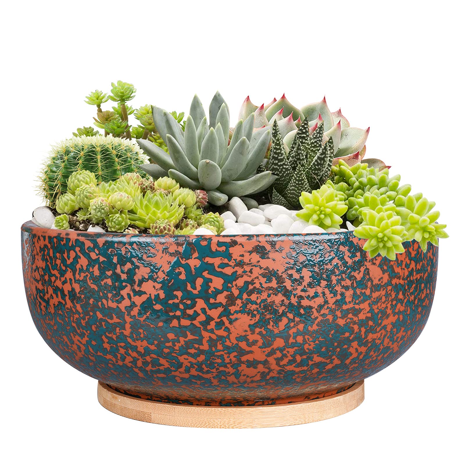 Fivepot 10 Inch Large Terracotta Planter Succulent Plant Bowl Deep Flower Pot Indoor and Outdoor Decor Drainage Bamboo Tray