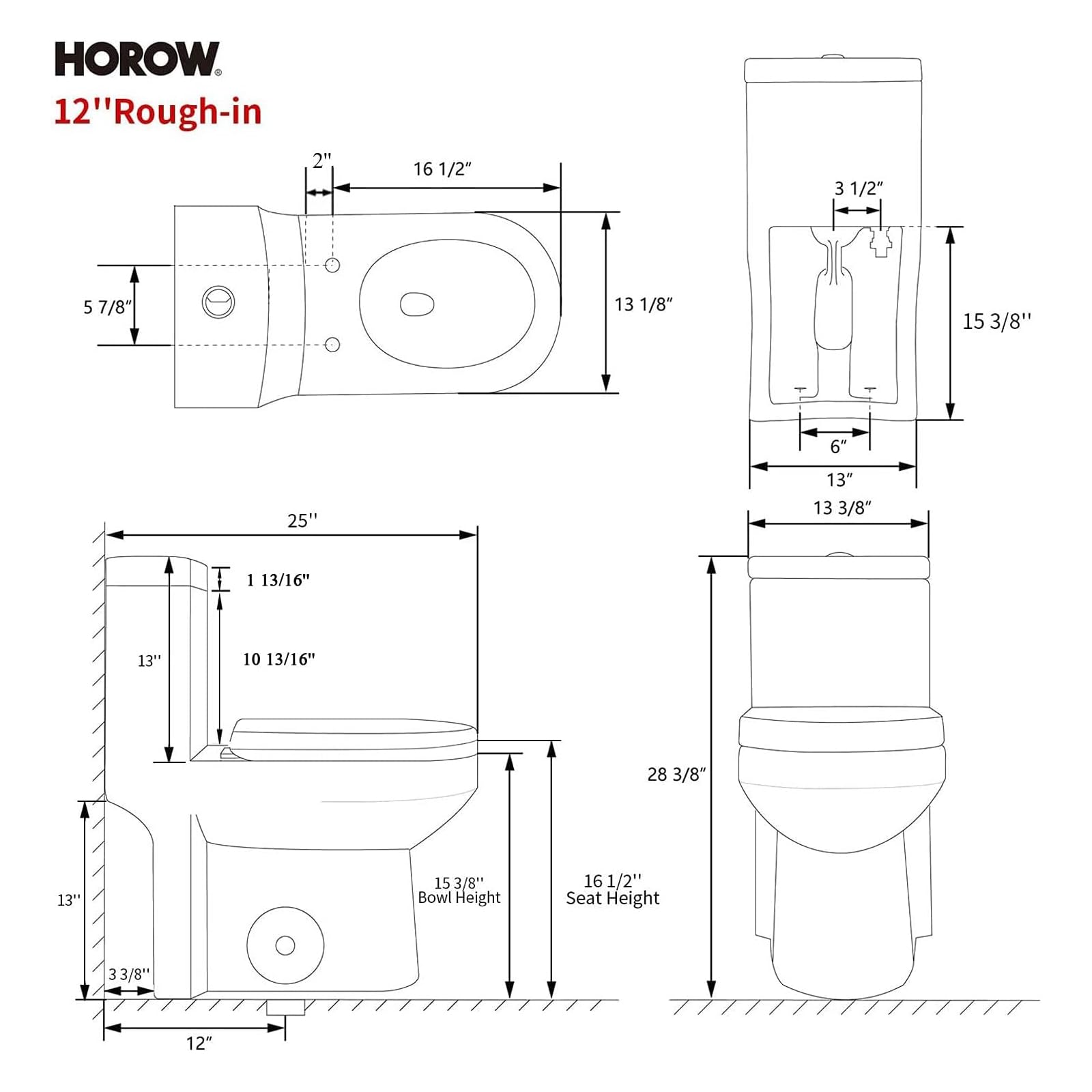 HOROW HWMT-8733 Small Compact One Piece Toilet For Bathroom, Powerful & Quiet Dual Flush Modern Toilet, 12'' Rough-In Toilet & Soft Closing Seat Include, 25"D x 13.4"W x 28.4"H, White