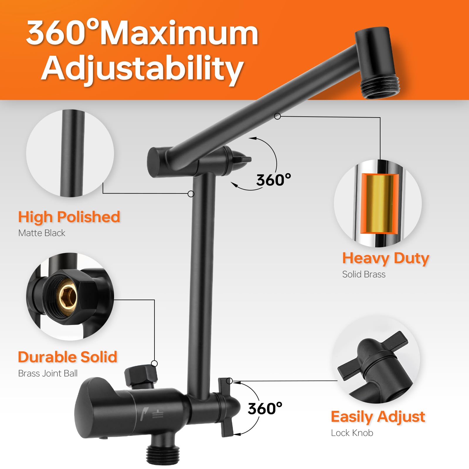 Matework 16 Inch Adjustable Shower Extension Arm with Diverter, G1/2 Universal Thread Rain Shower Head Extension Arm, Shower Extender with Lock Joints, Matte Black Flexible Height & Angle