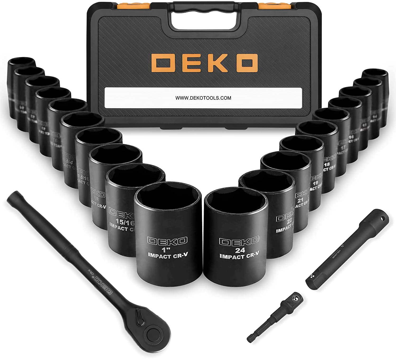 DEKOPRO 1/2-Inch Impact Socket Sets, 23 Pieces Drive Socket Set Mechanic Tool Set with 72 Teeth Reversible Ratchet, 1/2" Drive Metric/SAE, CR-V Steel