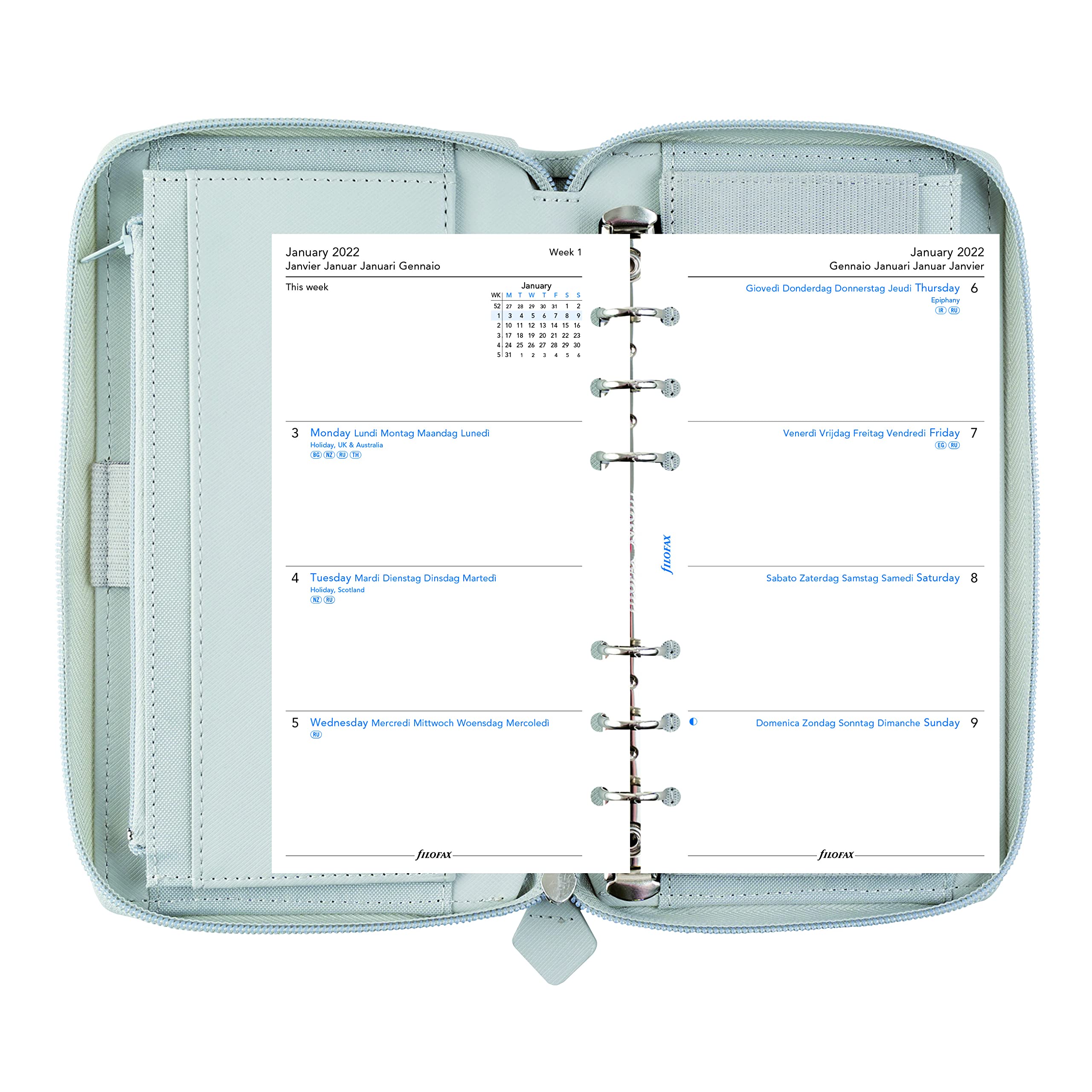 Filofax Saffiano Zip Organizer, Personal Compact Size, Granite - Cross-Grain, Leather-Look, Six Rings, Week-to-View Calendar Diary, Multilingual, 2022 (C028808-22)