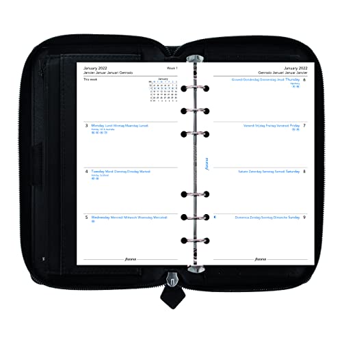 Filofax Saffiano Zip Organizer, Personal Compact Size, Black - Cross-Grain, Leather-Look, Six Rings, Week-to-View Calendar Diary, Multilingual, 2022 (C028775-22)