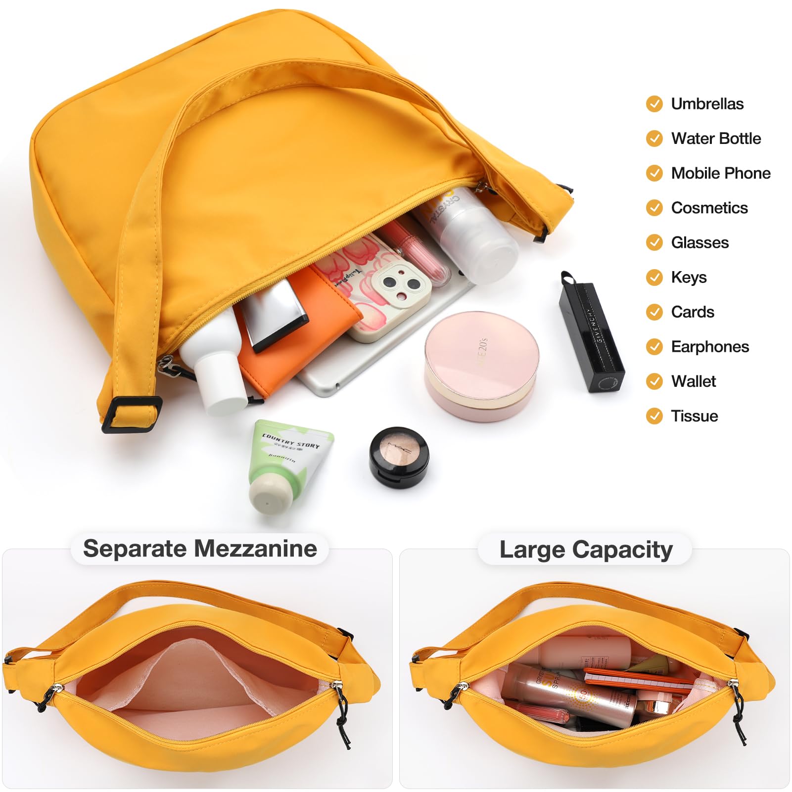 Crossbody Bag for Women Men Small Crescent Bag with Adjustable Strap Nylon Hobo Shoulder Bag Handbag for Sport Travel Work (Orange Yellow)