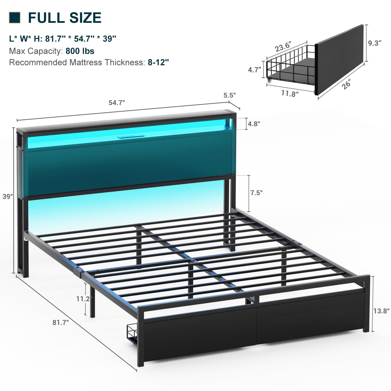 Homieasy King Size Bed Frame with Storage Drawers, Industrial Metal Platform Bed with Charged Headboard and LED Lights, No Box Spring Needed, Noise-Free, Easy Assembly, Black