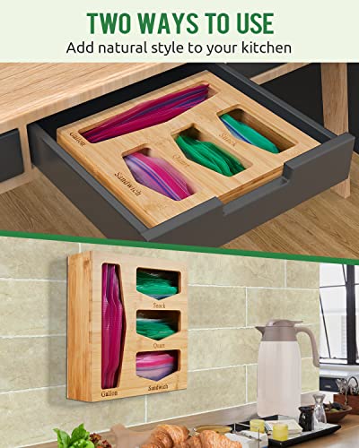 Ziplock Bag Storage Organizer for Kitchen Drawer, 4-in 1 Bamboo Food Baggie Holder, Compatible with Ziploc, Solimo, Glad, Hefty for Gallon, Quart, Sandwich, Snack & Freezer Gallon Variety Size Bag