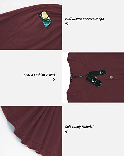 OUGES Womens Fall Long Sleeve Midi Dresses Button Down V Neck Skater Dress with Pockets 2023(Red,L)